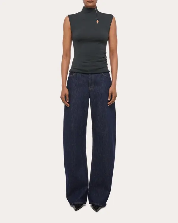 Helmut Lang Wool Sleeveless Button Mock Neck Top