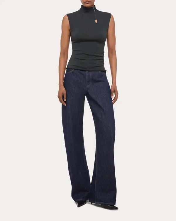 Helmut Lang Wool Sleeveless Button Mock Neck Top