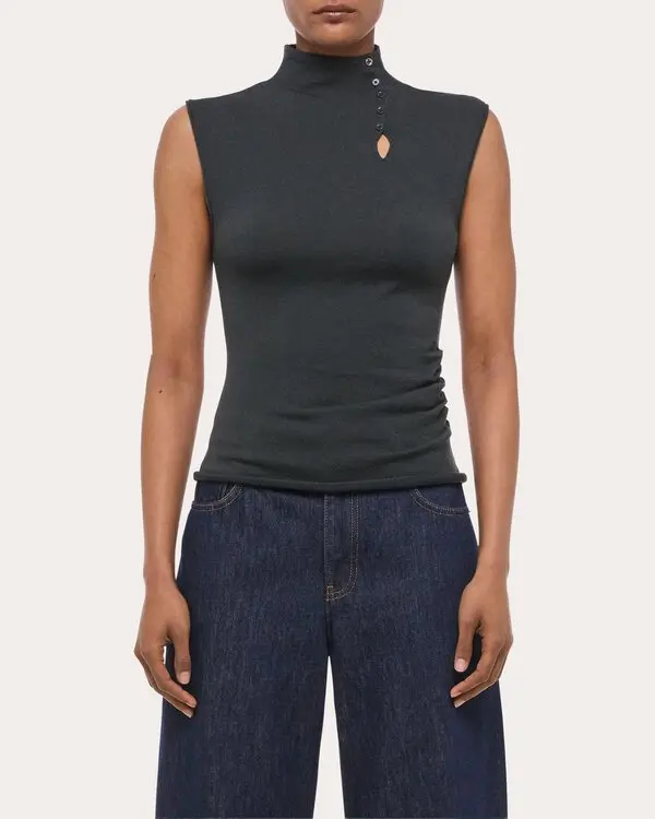 Helmut Lang Wool Sleeveless Button Mock Neck Top