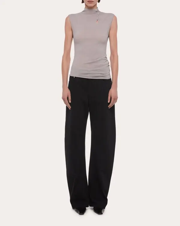 Helmut Lang Wool Sleeveless Button Mock Neck Top