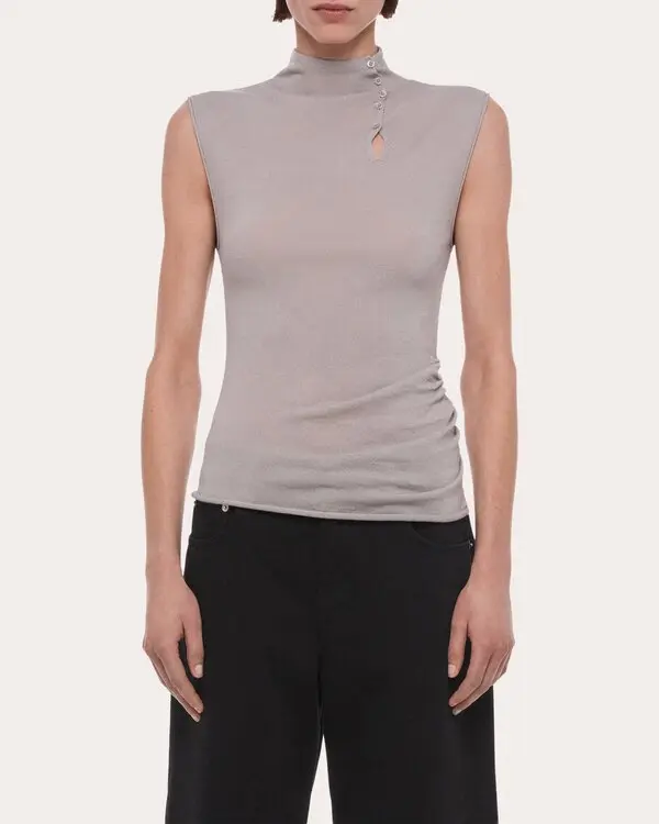 Helmut Lang Wool Sleeveless Button Mock Neck Top