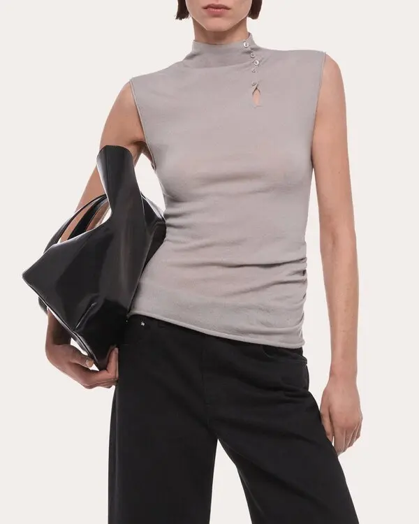 Helmut Lang Wool Sleeveless Button Mock Neck Top
