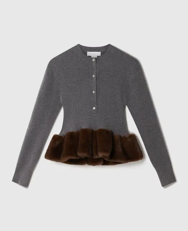 Stella McCartney Wool Crewneck Jumper With Fur Trim - Grey
