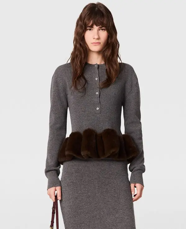 Stella McCartney Wool Crewneck Jumper With Fur Trim - Grey