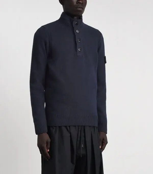 Stone Island Wool-blend Button-up Sweater - Navy