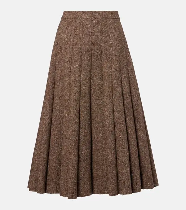 Brunello Cucinelli Pleated Wool-blend Tweed Midi Skirt - Brown