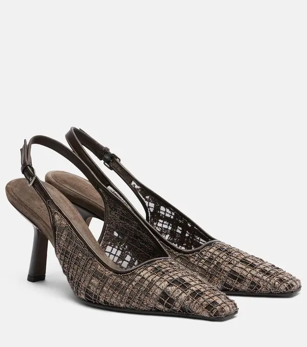 Brunello Cucinelli Beaded Checked Leather-trimmed Slingback Pumps