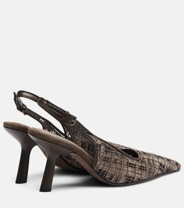 Brunello Cucinelli Beaded Checked Leather-trimmed Slingback Pumps