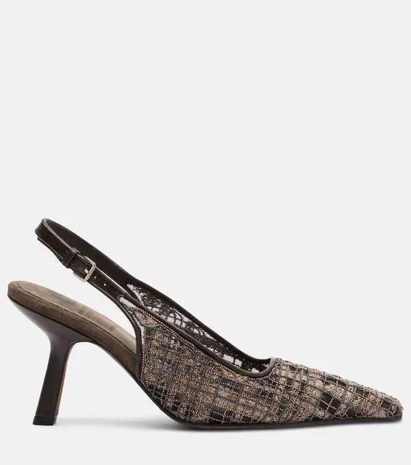 Brunello Cucinelli Beaded Checked Leather-trimmed Slingback Pumps