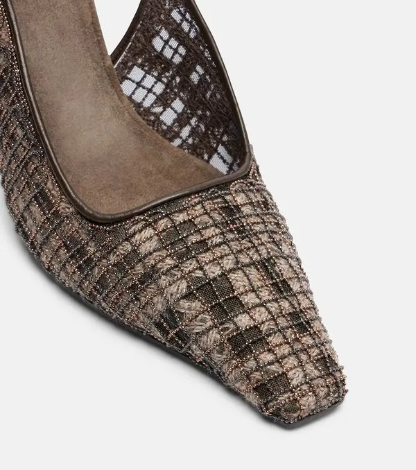 Brunello Cucinelli Beaded Checked Leather-trimmed Slingback Pumps