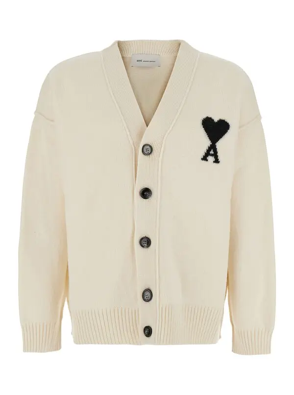 AMI Paris V Neck Cardigan With De Coeur In Knit Off - White