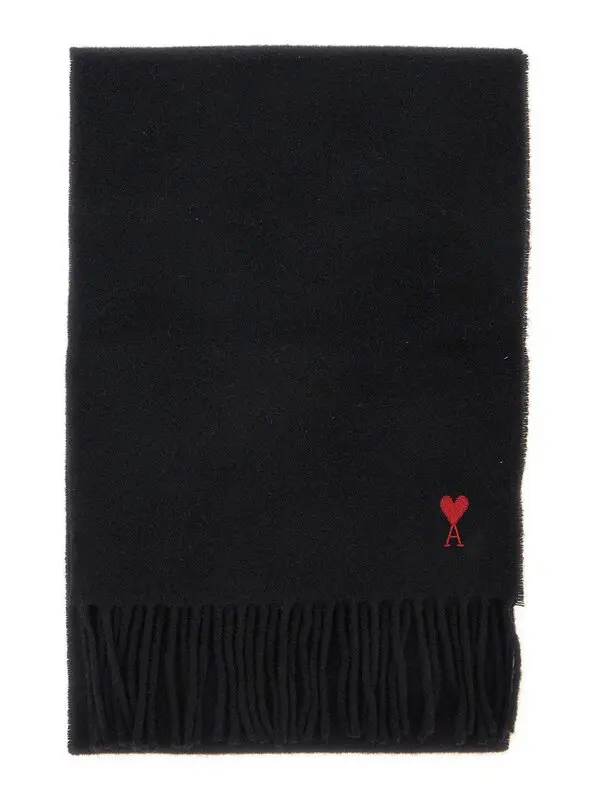 AMI Paris Wool Scarf With Red De Coeur Embroidery And Black Color - Multicolor