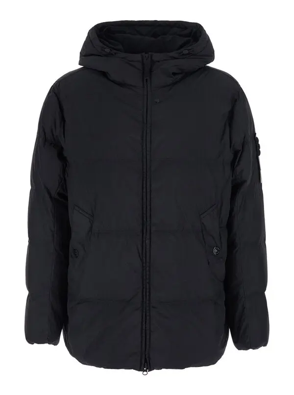 Stone Island Crinkle' Black Down Jacket With Logo Patch On The Sleeve In Tech Fabric For