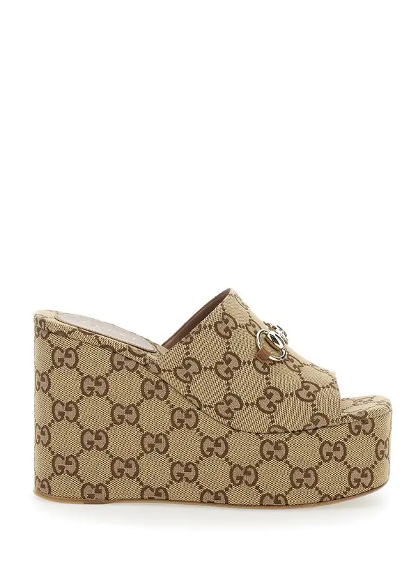 Gucci Carmen' Beige Wedges With All-over Gg Motif And Horsebit Detail In Cotton For - Multicolor