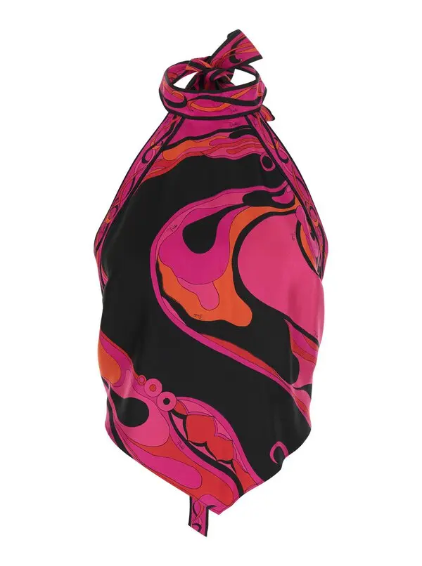 Emilio Pucci Fuchsia Sleeveless Top With Halterneck And All-over Orchidea Print In Silk For - Multicolor