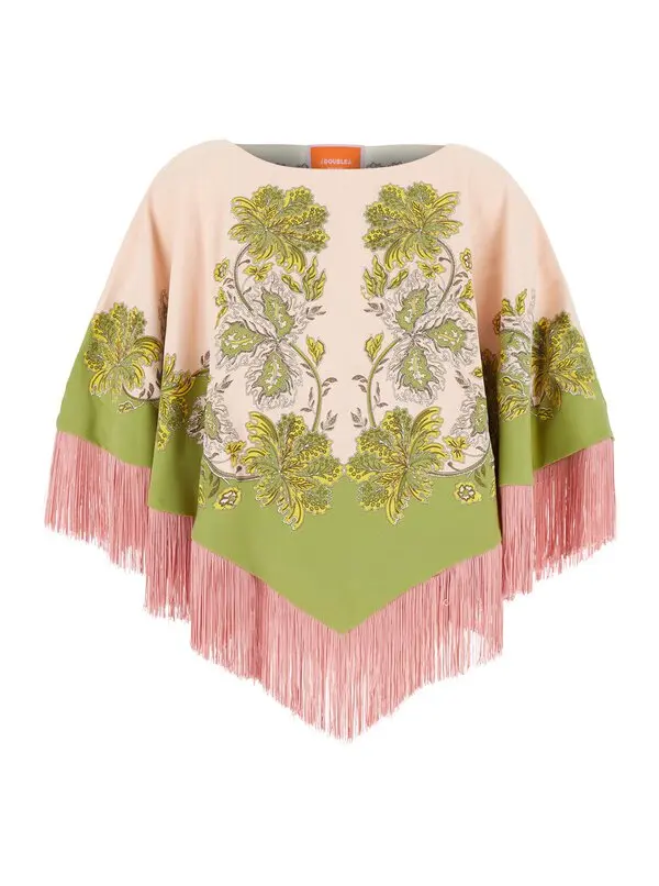 La DoubleJ Reversible Poncho With Fringes And Coat Collar, In Viscose, Pink - Multicolor
