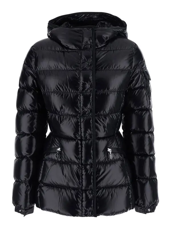 Moncler Barante' Down Jacket With Hood And Applied Pocket On The Sleeve With Logo Patch In Tech Fabric For - Black