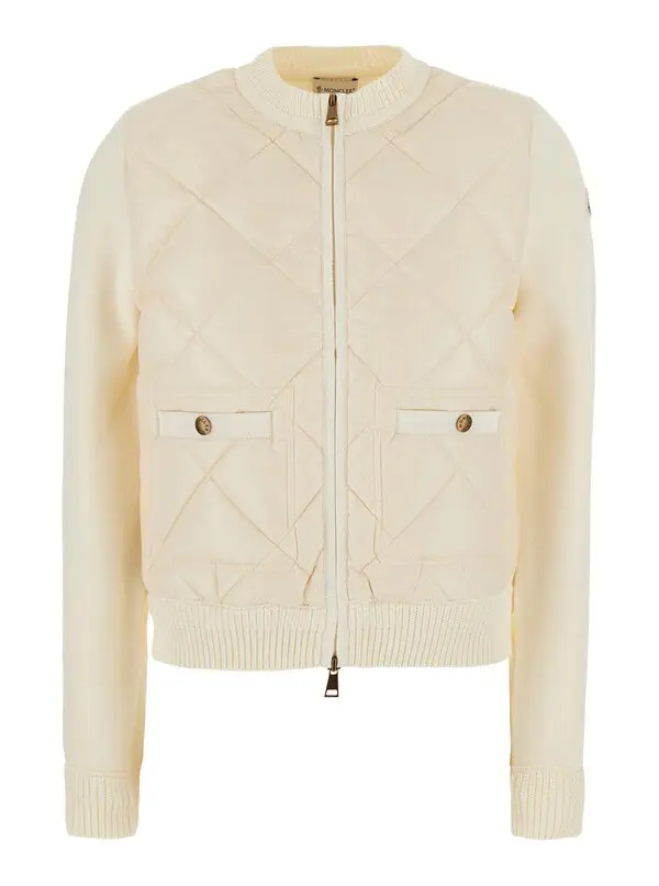Moncler White Crew Neck Cardigan With Quilted Design On The Front And Logo Patch On The Sleeve In Tech Fabric For - Multicolor