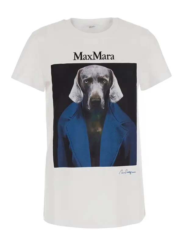 Max Mara Calca' White Crew Neck T-shirt With Maxi Print On Front And Back In Cotton For - Multicolor