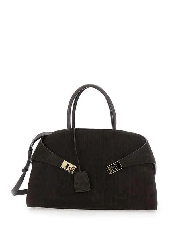 FERRAGAMO Hug Bicolor' Handbag With Logo And Gancini Buckle In Leather - Brown