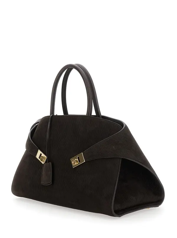 FERRAGAMO Hug Bicolor' Handbag With Logo And Gancini Buckle In Leather - Brown