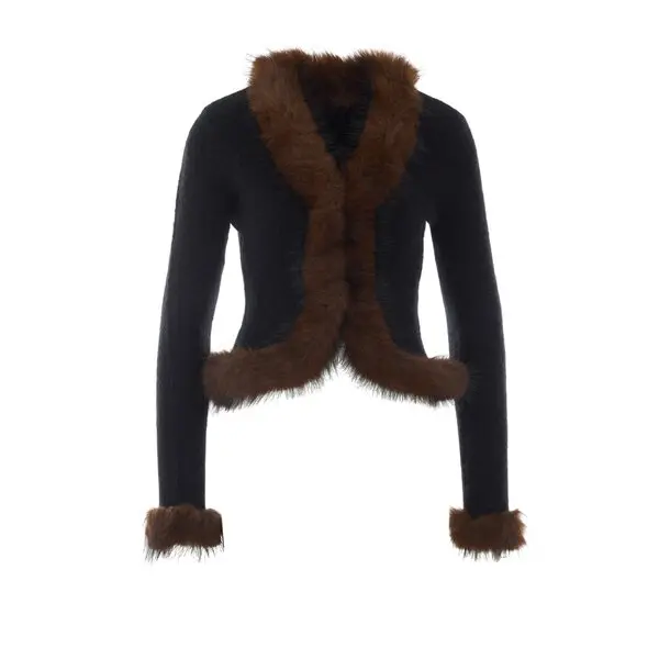 SELF-PORTRAIT Faux Fur Knit Cardigan - Black