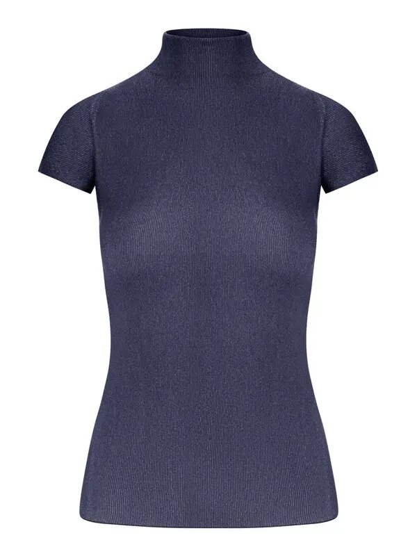 Giorgio Armani English Ribbed Viscose Turtleneck Top With Short Sleeves - Blue