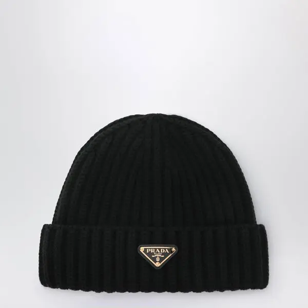 Prada Wool Beanie With Logo Triangle - Black