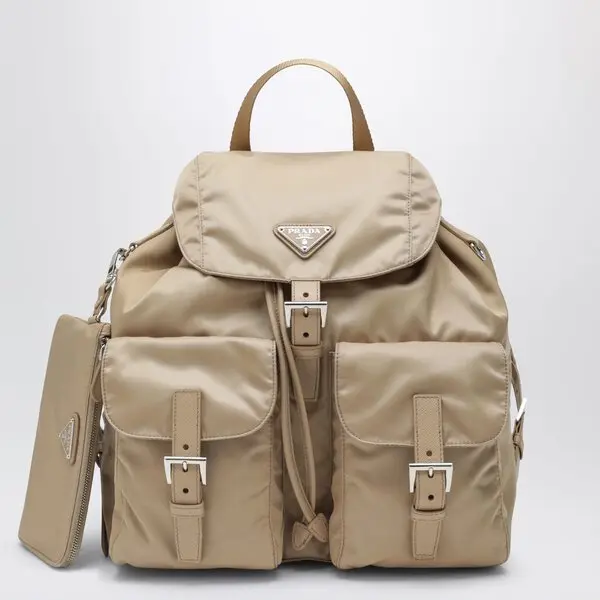 Prada Backpack In Re-nylon And Saffiano With Pouch Camel - Cream