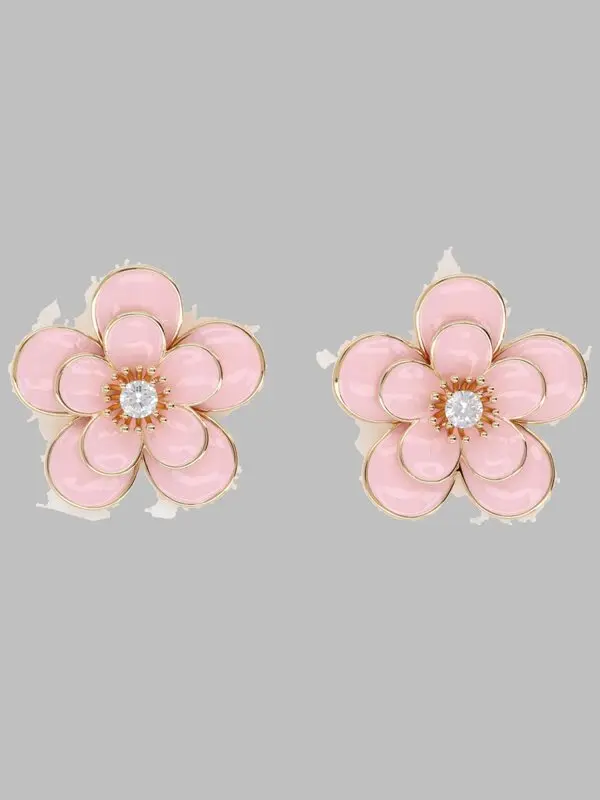 SELF-PORTRAIT Brass Zircon Enamel Floral Earrings - Pink