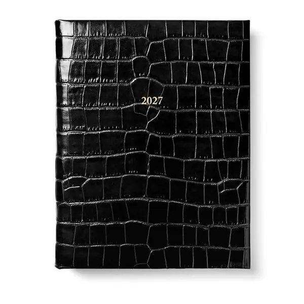 ASPINAL OF LONDON 2027 A4 Day To Page Diary In Deep Shine Dark Amazon Croc - Black