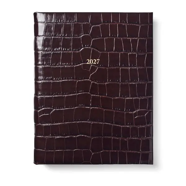 ASPINAL OF LONDON 2027 A4 Day To Page Diary In Deep Shine Dark Amazon Croc - Brown