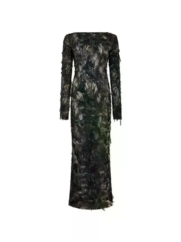 Roberto Cavalli Maxi Feather-embellished Lace Dress
