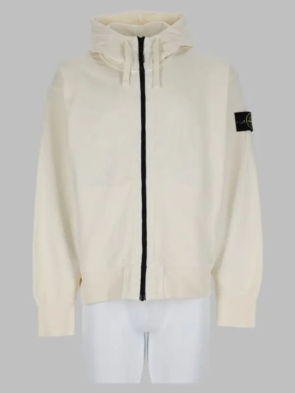 Stone Island Zip-up Hooded Sweatshirt With Logo Patch - Ivory