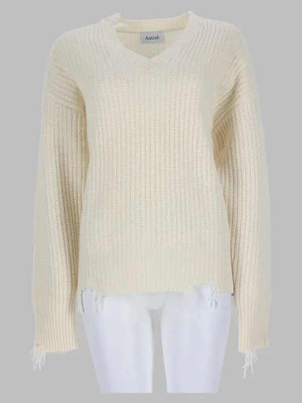 AMISH SUPPLIES Fringed V-neck Ribbed Sweater - White