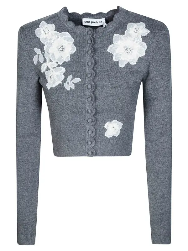 SELF-PORTRAIT Floral Lace Knit Cardigan - Grigio