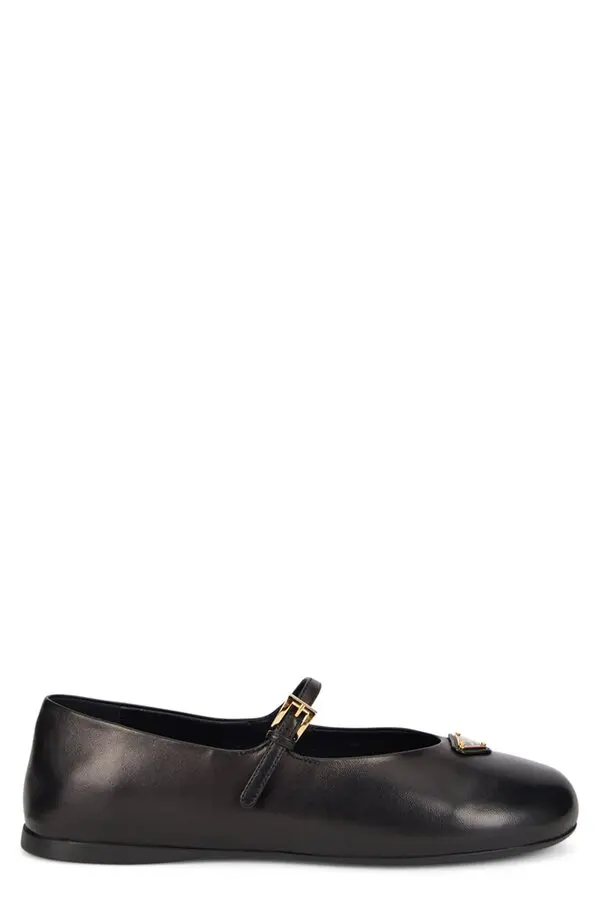 Prada Minimalist Leather Ballet Flats With Ankle-tie Strap