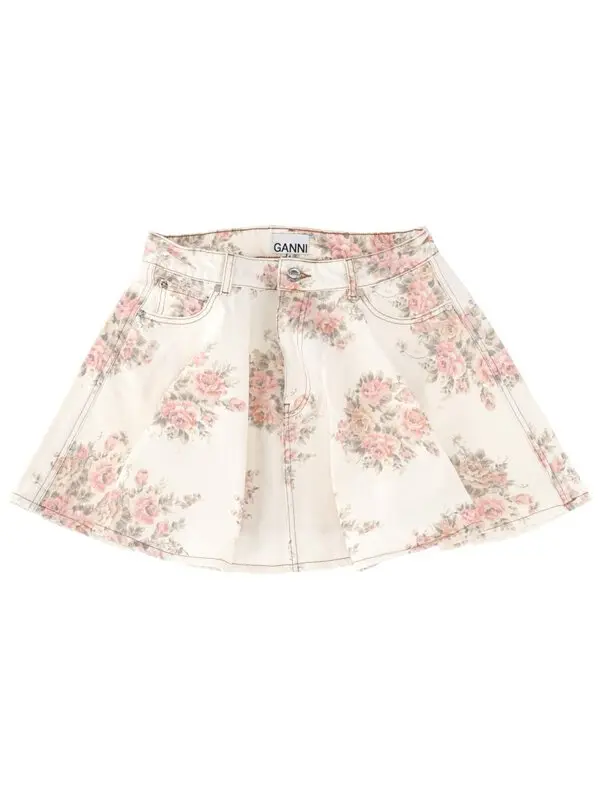 GANNI Floral Print Denim Mini Skirt - Ivory