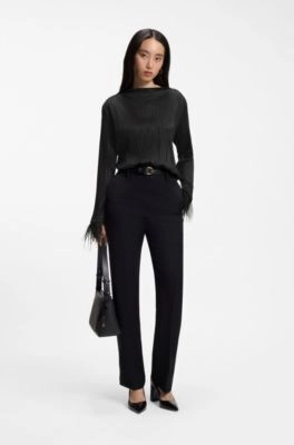 BOSS Slim-fit Mock-neck Top With Feather Details - Black