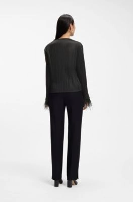 BOSS Slim-fit Mock-neck Top With Feather Details - Black