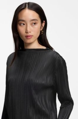 BOSS Slim-fit Mock-neck Top With Feather Details - Black