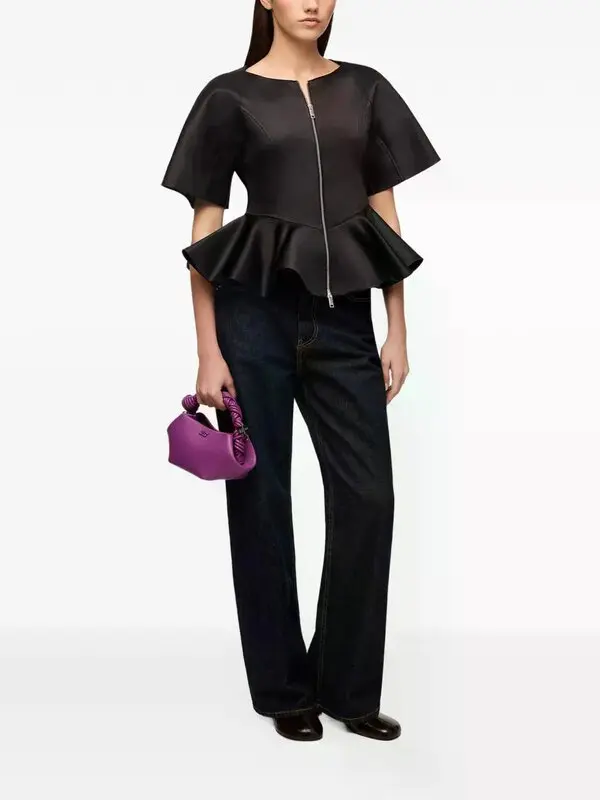GANNI Satin Peplum Zip-up Blouse - Black