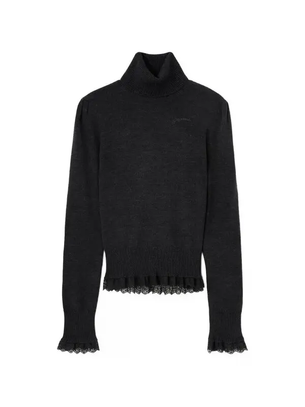 GANNI Merino Wool Lace-trim Turtleneck Sweater - Grey