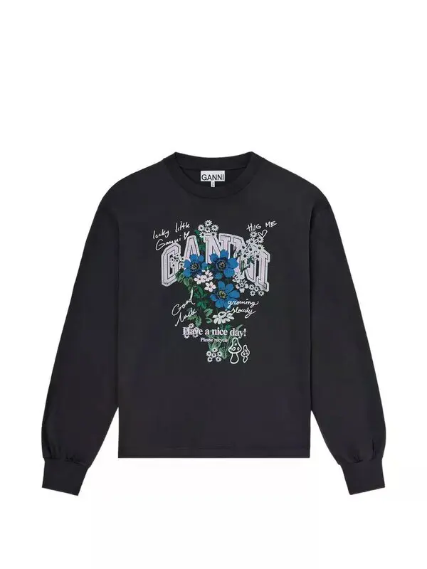 GANNI Floral-print Long-sleeve T-shirt - Black