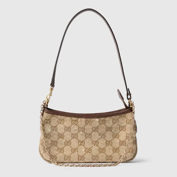 Gucci Gossip Crystal Small Shoulder Bag Gg Canvas - Beige