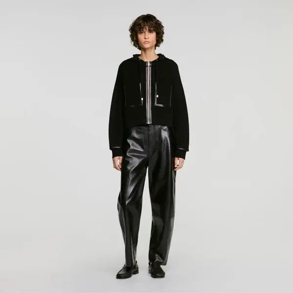 Sandro Hooded Cardigan With Leather Trim