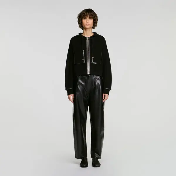 Sandro Hooded Cardigan With Leather Trim