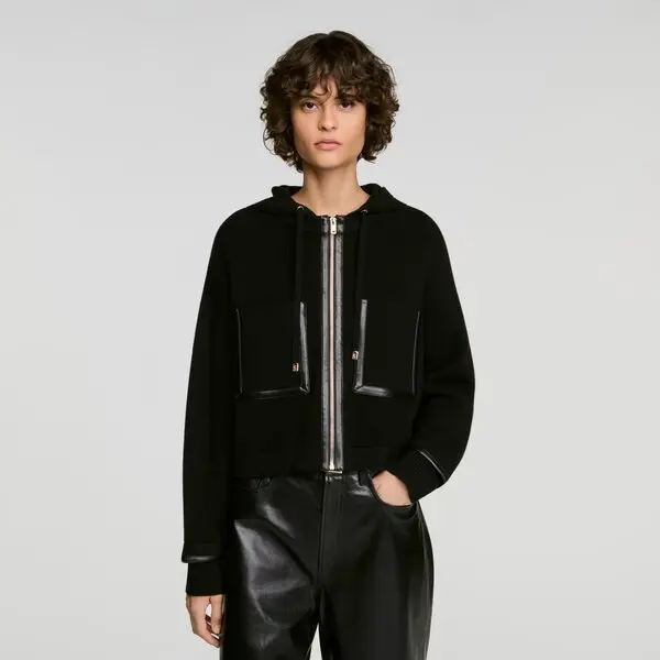 Sandro Hooded Cardigan With Leather Trim
