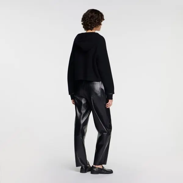 Sandro Hooded Cardigan With Leather Trim