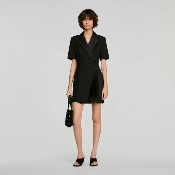 Sandro Short Lace Wrap Dress With Tailored Collar - Black